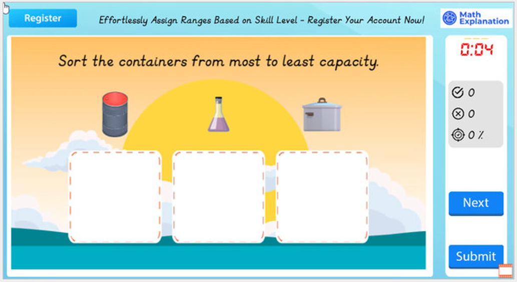 Math Explanation | Sorting volumes by estimation - Engaging Primary Maths Software