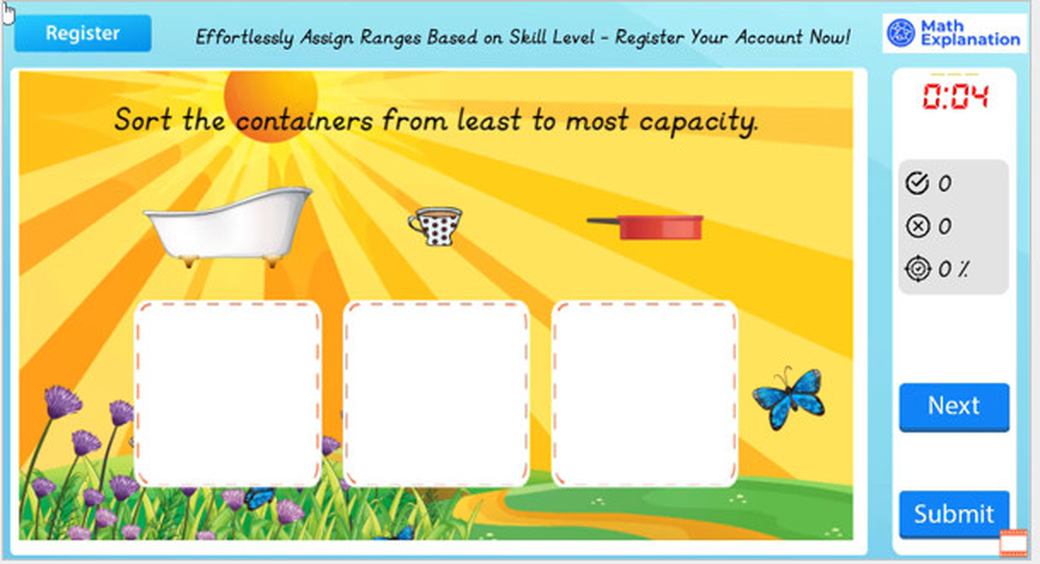 Math Explanation | K-Sorting volumes by estimation - Engaging Primary Maths Software